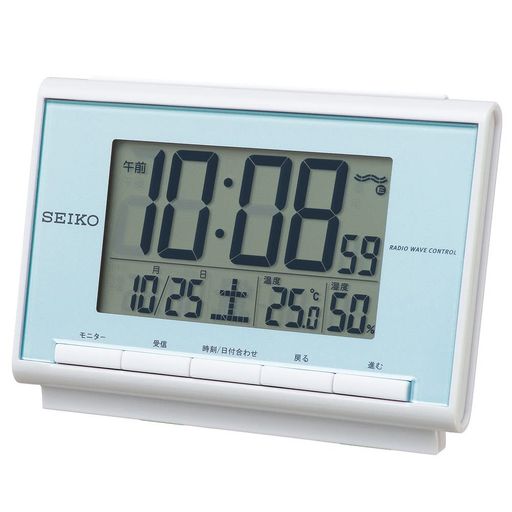 メーカー型番:SQ698L 本体サイズ:8.5x12.0x4.8cm 本体重量:0.23kg 素材・材質:プラスチック枠(薄青パール) 生産国:中国 ムーブメント:電波修正機能(40kHz/60kHz自動選局)/電波OFF機能つき 2099...
