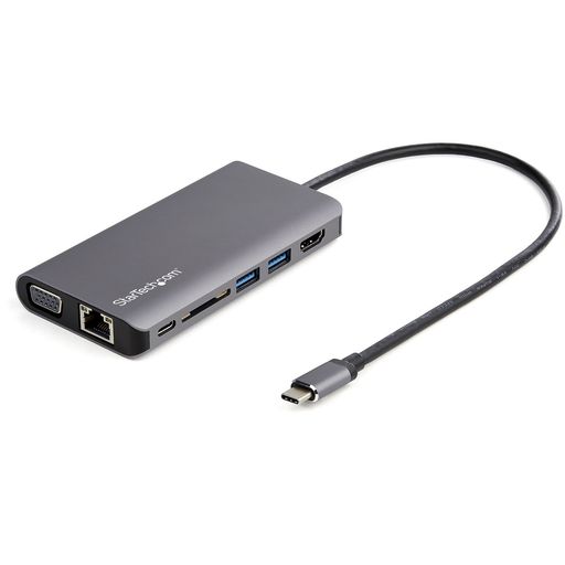 8 in 1 多機能ドック:4K/30Hz HDMI、1080p VGA、5Gbps USB(2x USB-A、USB-C)、SDスロット、ギガビットイーサネット、ヘッドセット/マイク音声ジャック搭載。