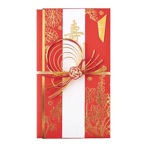 新しい門出のお祝いにぴったりの祝儀袋です。 「百花」華やかな満開の花々のデザインです。 【カラー】赤 【サイズ】105x185mm 【セット内容】「Happy Wedding」・「寿」の短冊2枚、外包、中袋(無地)1枚 【用途】婚礼用 【金...