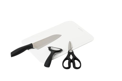 製品サイズ:三徳包丁165/(約)全長29.5x幅5x高さ2.5cm、ピーラー/(約)全長13.5x幅8x高さ2.5cm、キッチンバサミ/(約)全長20x幅8.5x高さ1.5cm、まな板/縦32.5x横21x厚さ2cm 製品重量:(約)三徳...