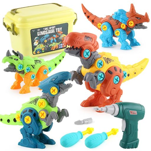 【4種類の恐竜 &amp; 本格的な工具セット】 トリケラトプス、セントロサウルス、ヴェロキラプトル、ティラノサウルスの4体が入った豪華セット。2本のドライバーと電動ドリル(単三乾電池2本別売) も付属しており、お子様の「本物志向」を満たし...