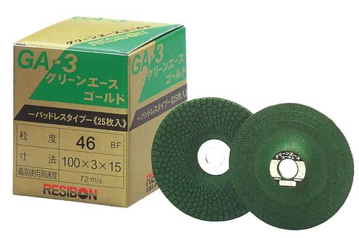 サイズ:外径100x厚さ3x孔径15mm と材粒硬度:46 最高使用周速度:72m/s 入数:25枚組
