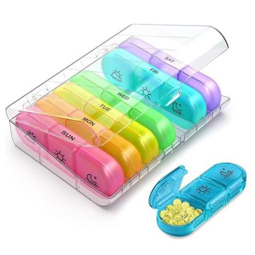 🌈【便利な薬箱セット】カラフルな色で、毎日の薬を一目で分類できます。外ケースサイズ:18x12x4.3cm、重さ:267g。中ケースサイズ:11x3.6x2.3cm、重さ:19.6g。虹色の中ケースは持ち運びに便利です。 &...