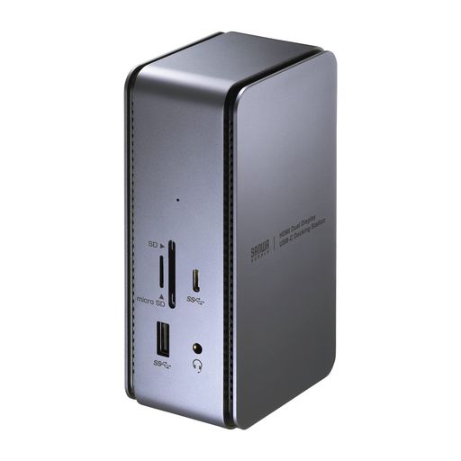 USB Type-Cケーブル1本でディスプレイ最大2台へ4K解像度の映像出力ができる、HDMI映像出力端子を2ポート搭載したUSB Type-Cドッキングステーションです。 映像出力の他に、各種USBデバイス、有線LAN、オーディオの拡張接...