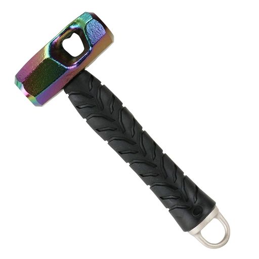 仕様:虹色チタンコーティングメッキ ヘッド硬度:HRC37度~43度 ヘッド径:33mm、全長:200mm 頭重量:600g、全重量:800g ヘッド:機械構造用炭素鋼S53C、柄:クロームモリブデン鋼、グリップ:PVC、取付リング:ステンレス鋼