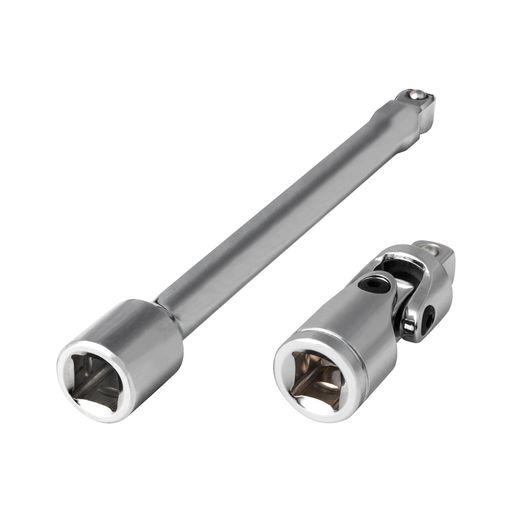 材質:クロームバナジューム鋼(クロムメッキ) セット内容:ユニバーサルジョイント 差込角9.5mm(3/8")、エクステンションバー 差込角9.5mm(3/8") サイズ:エクステンションバー/全長150mm パッケージ重量: 0.23 kg