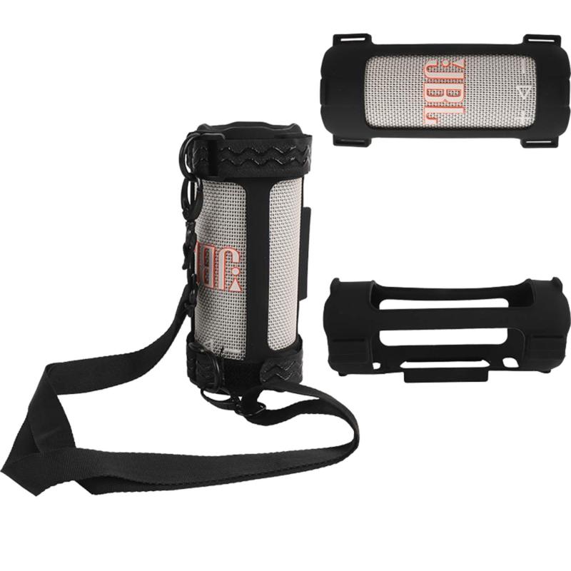 For JBL Grip Bluetooth ポータブルスピーカー 用 ケース カバー【HUKWIMO】シリコンケース + ショルダーストラップ キズ防止 耐衝撃 軽量 柔軟設計 携帯便利 肌触り優良（ブラック）【汎用性の高いマルチデザイン...