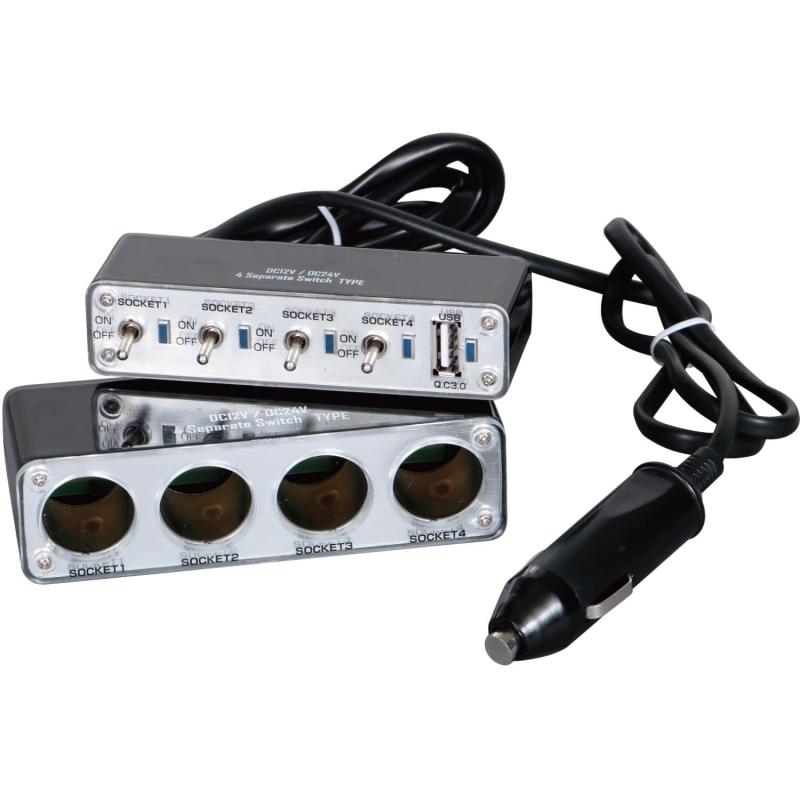 ジェット イノウエ(JET INOUE)ON/OFFスイッチ機能セパレートタイプUSBポート付4連ソケット502140 ブラックスイッチ側サイズ(H×W×D)(mm):24×102×38コード長さ(mm):本体ースイッチ間/約1000、スイ...