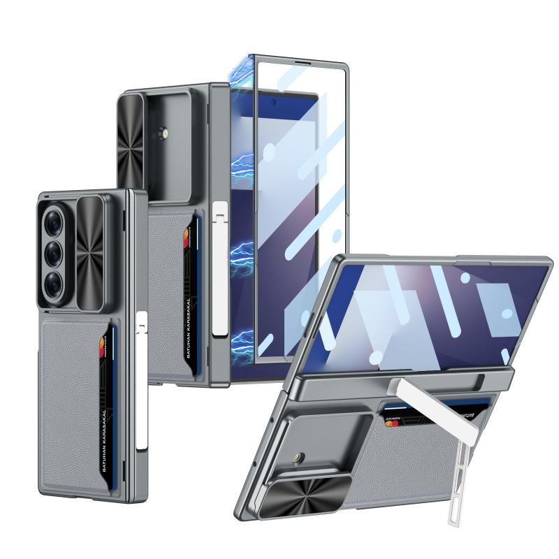 Galaxy Z Fold7用 手帳型ケース 全包囲保護 肌感磨砂加工 磁気ヒンジ付き スライド式カメラカバー 折りたたみスタンド カード収納付き - 磁吸折叠转轴推窗卡包-侧包支架-壳膜
