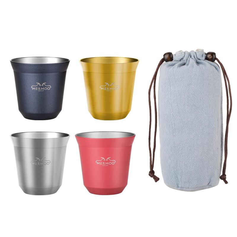 MERMOO YILAN デミタスカップ エスプレッソカップ 二重断熱ステンレス製 携帯ポーチ付き 160ml/80ml 割れない アウトドア キャンプ コーヒーショップ対応🟡【二重断熱構造で素手でも持てる熱さ・冷たさをキー...
