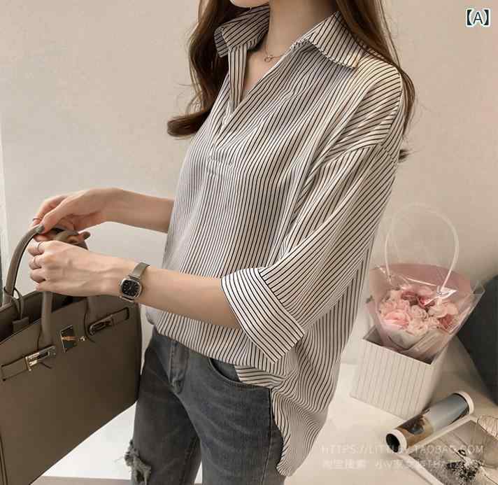 春の 夏服の 新型 mmの 大きい サイズの 韓国 版は ゆったり して いて、 やせて いる ストライプの シャツの 女性の 7 分の 袖の 上着を 見せます。生地名: ポリエステル繊維メイン生地成分: ポリエステル (ポリエステル繊維)...