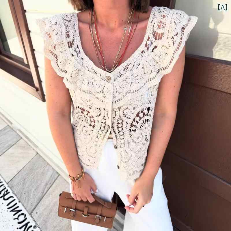 クロスボーダーヨーロッパと アメリカの 貿易 ロシア 婦人 服 新しい スタイル フリル V ネック 中空 ニット トップ かぎ針 編み レース ベスト商品番号: 5989生地名: レース主な生地構成: 再生セルロース繊維パターン: ソリッ...