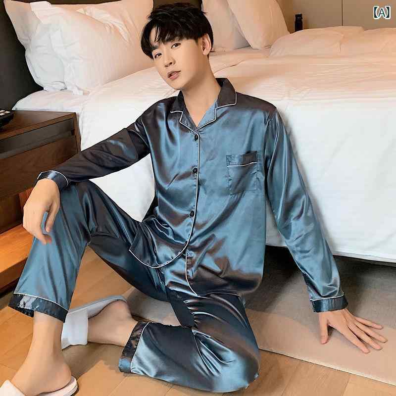 プラス サイズの メンズ パジャマ 長袖 春と 秋の アイス シルク 薄い ルーズカップルホーム 服 夏の カーディガン スーツ製品カテゴリー: パジャマ生地名: その他スタイル: ソリッドカラー,SIMPLE主な生地構成: その他厚さ: ...