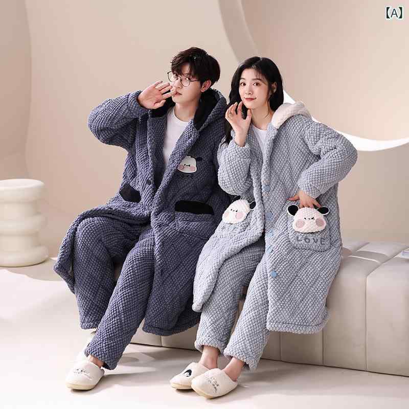 冬に 綿を 挟む カップルの パジャマの 珊瑚の 毛の 三 層の 厚い 綿を 挟む 男性の 帽子の 甘い 長い 女性の 寝 服の 綿入れ製品カテゴリ: パジャマ生地名: コットンデザイン: カーディガンメイン生地成分: ポリエステル繊維 (...