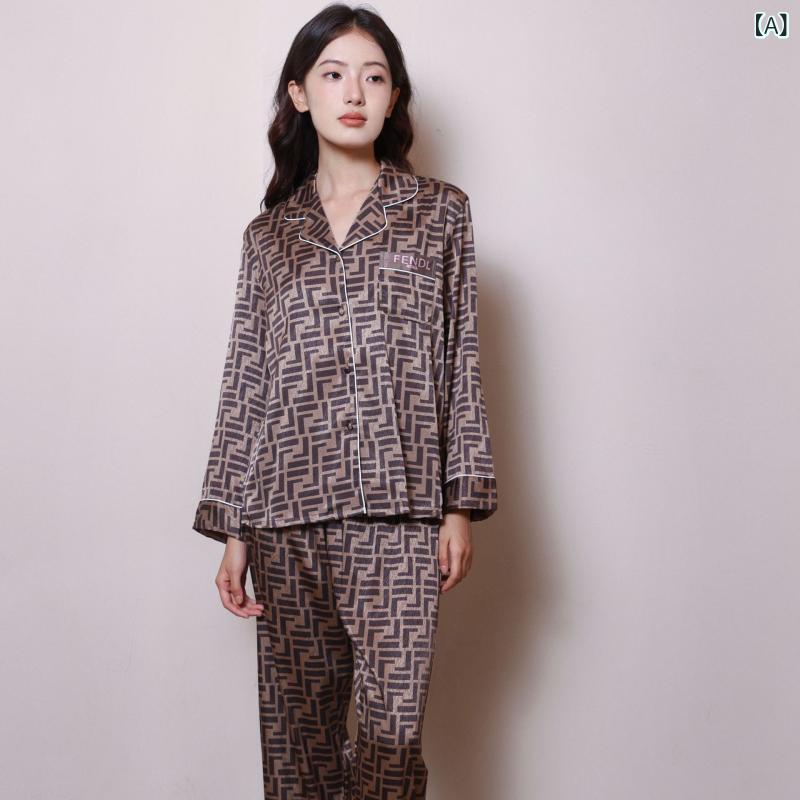 F 文字 ヘリンボーン 柄 ハイエンド 氷と 雪 シルク パジャマ 女性の ための 春と 秋の 長袖 カップル ファッション 有名な サテンホームウェア製品カテゴリー: パジャマ生地名: アイスシルクスタイル: スーツ,豪華で高貴な主な生地...