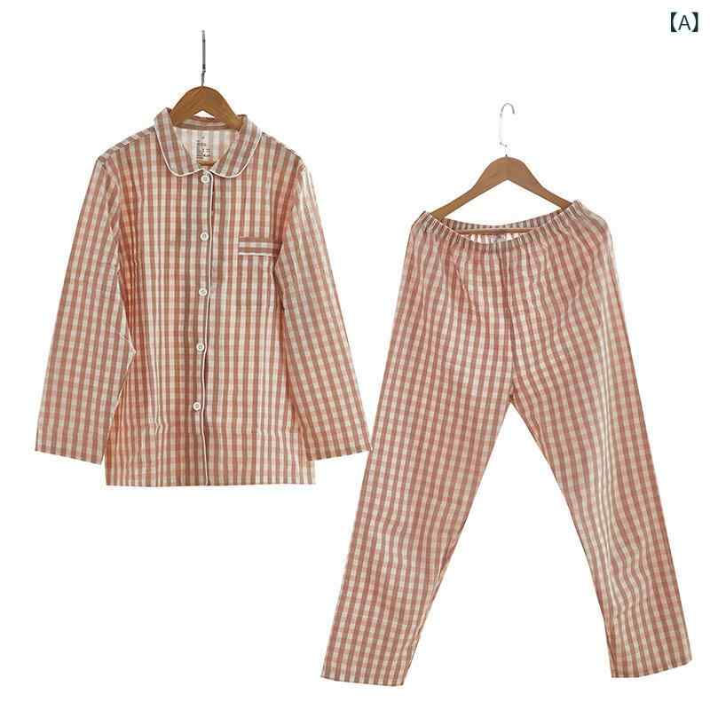 元の 品質の パジャマの 女性の 二 重 ガーゼの 純綿の 長袖の 春と 秋の 夏の 薄い タイプの 半袖の 男性の カップルの 格子の 家の 服製品カテゴリー: スーツ生地名: コットンスタイル: スーツ,和風主な生地構成: コットン厚さ...