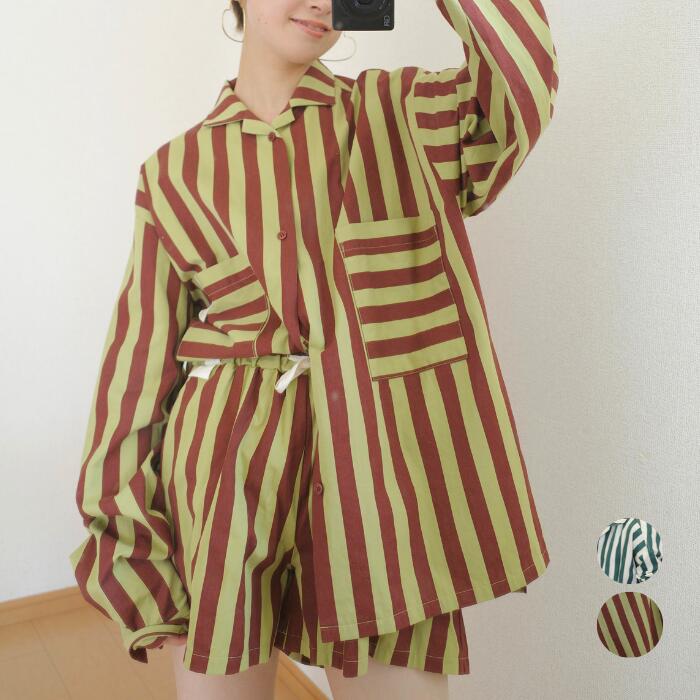 商品名 relax stripe shirts サイズ 【Free】着丈73cm / 肩幅52cm / 身幅62cm / 袖幅23cm カラーバリエーション green / pistachio 素材 コットン 100% アイテム詳細 胸元に...