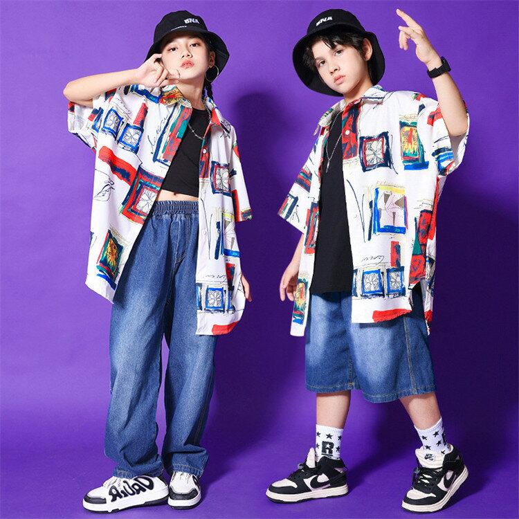 ダンス衣装 ステージ衣装 女の子 男の子 ヒップホップ 子供服 キッズ ベスト 半袖シャツ 総柄 シャツ 半袖 デニムパンツ ワイドパンツ 長ズボン ロングパンツ ショートパンツ 原宿系 おしゃれ ジャズダンス ダンスウエア 練習着 レッス...