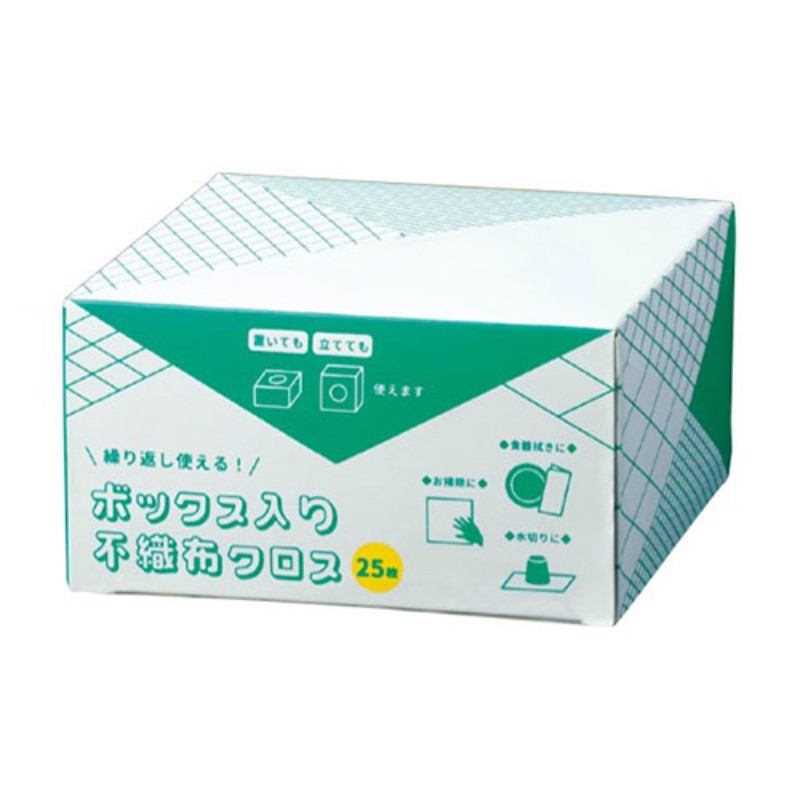 商品の特長掃除や食器拭きなどに便利な箱入り不織布クロス。置き場所に合わせて2種の置き方ができ、積み上げでデザインが繋がりディスプレイに最適。仕様サイズ : 200×200mm重量 : 84g材質 : ポリエステル・レーヨン個装形態 : 化粧...