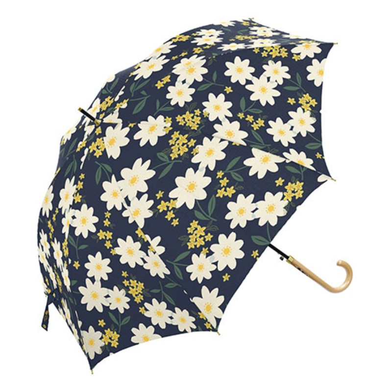 商品の特長白い大きめのお花プリントに、アクセントで小さめのお花を組み合わせた、大人かわいいデザインの雨傘です。傘を留めるネームバンドにはシリーズ共通の金糸の花モチーフ刺繍&花モチーフのホックボタン付き。ほどよい太さの木製ハンドルは持ちやすく...