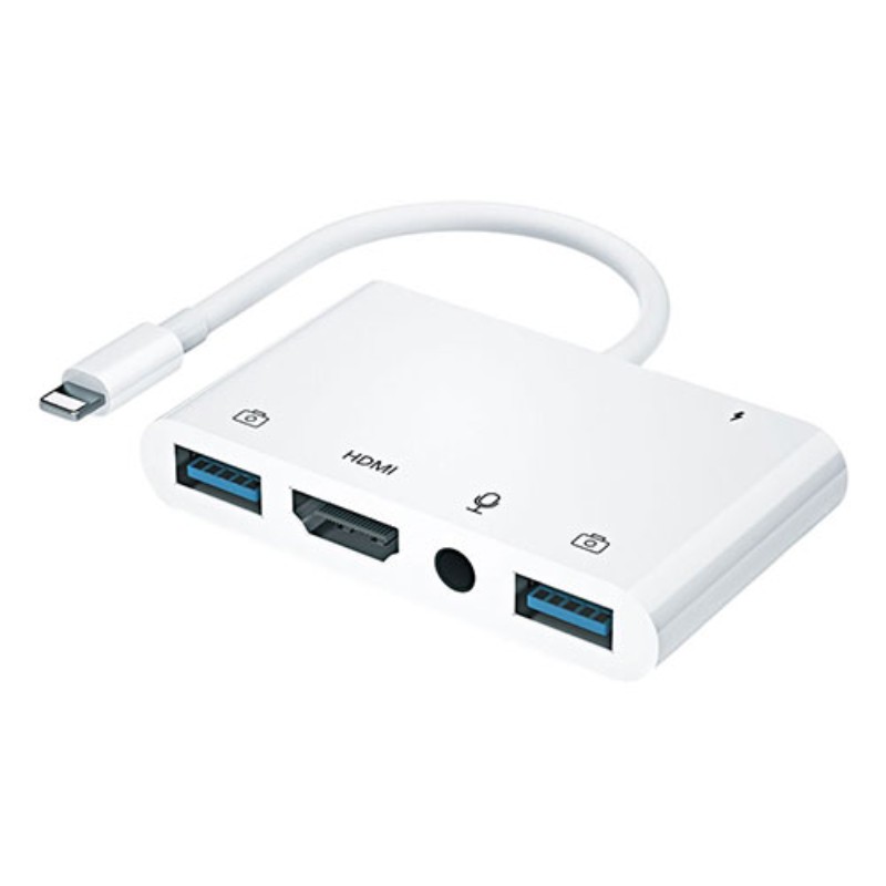 特長iOSポート搭載のiPhoneやiPadの機能を拡張することができます。最大5V/2Aの給電をしながらHDMI出力 (ミラーリング)が可能で、オーディオポート(イヤホン、マイク)、USBポート×2を拡張。充電に利用するiOSケーブルを接...