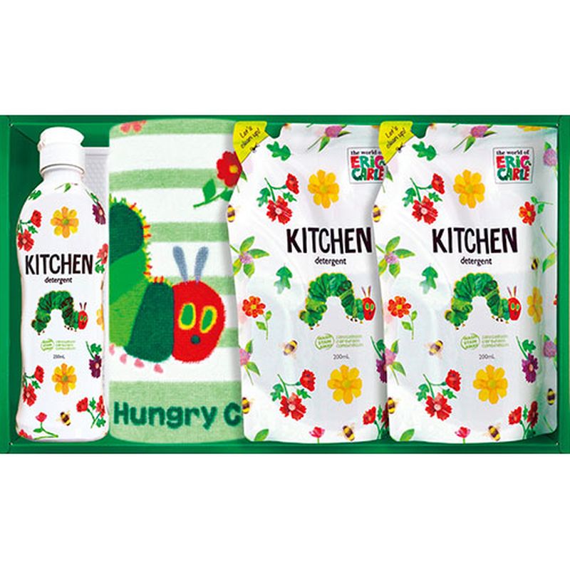 はらぺこあおむしのキッチン洗剤セット特長キッチン洗剤セット仕様メーカー品番 : H-15AZセット内容 : 食器洗剤詰替用(200ml)×2、食器洗剤(250ml)・ウォッシュタオル(中国)(34×35cm)×各1箱サイズ : 20.5×3...