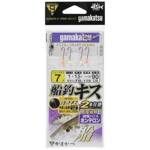 船釣り用の2本仕掛けです。 号数: 7 ハリス: 1 幹糸: 1.5 入数: 2 使用鈎: ショットキス（赤） 2本（2組入） スペック 品名コード: FB119