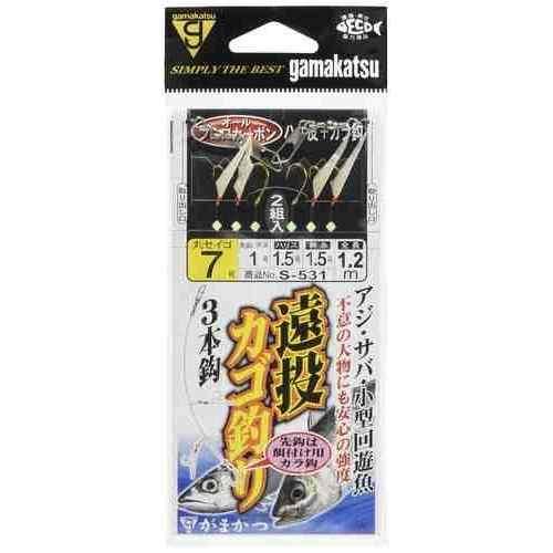 初心者でも遠投しやすい1.2m仕様の釣り仕掛け。 3本鈎タイプ ハリスと幹糸は共に1.5号 カラーは金 使用鈎はチヌ（金）と丸せいご（金）の3本（2組入） スペック 品名コード: S531 号数: 7 入数: 2