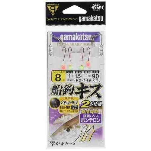 船釣り用の2本仕掛け。 号数: 8 ハリス: 1 幹糸: 1.5 入数: 2 使用鈎: ショットキス（赤） 2本（2組入） スペック 品名コード: FB119