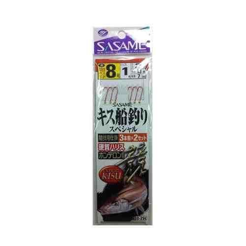キス船釣り用の3本鈎セット。追い喰いに対応した設計。 ホンテロン素材を使用 競技キスSP（赤）鈎を採用 2セット入り ハリスとモトスのバランスが良い スペック 号数: 8 ハリス: 1 モトス: 2 全長: 1.3m 鈎の種類: 競技キスS...