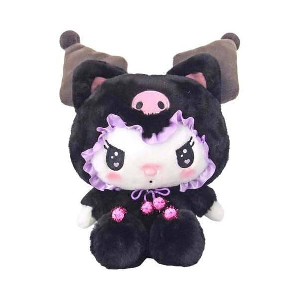 商品紹介 10/31のバースデーを記念して、ふわふわ生地の黒猫に変身したクロミが登場。キラキラお目々で頬染めてインパクトのあるデザインです。ラメ凡天とフリルもポイント。 安全警告 なしサイズ：H32×W26×D15cm