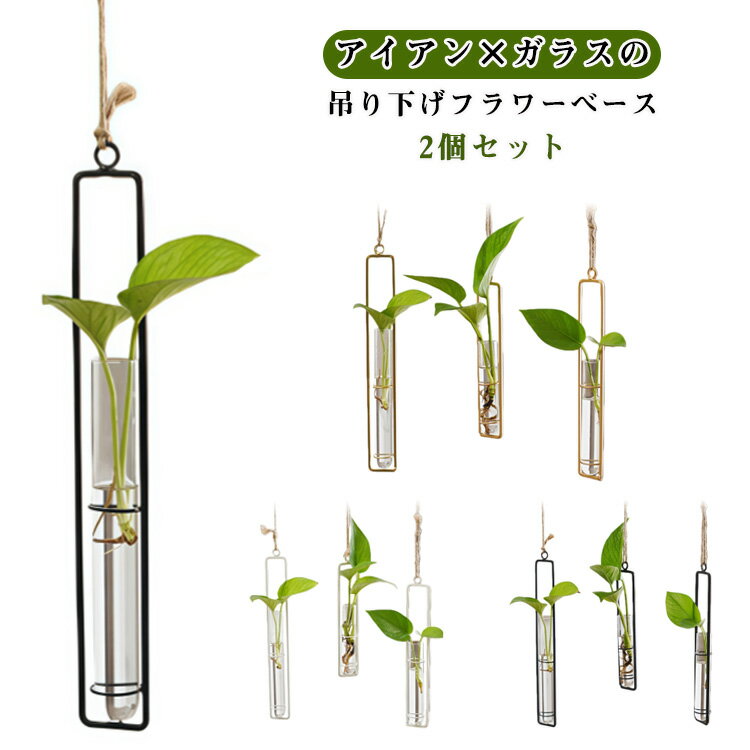 アイアン×ガラスの吊り下げフラワーベース（2個セット）届いてすぐに飾れる2個セットS・M・Lサイズを組み合わせて飾ったり、同じサイズを並べたりとアレンジ自在。一輪の花やグリーンを挿すだけで、玄関やリビングがパッと明るい印象になります。アイア...