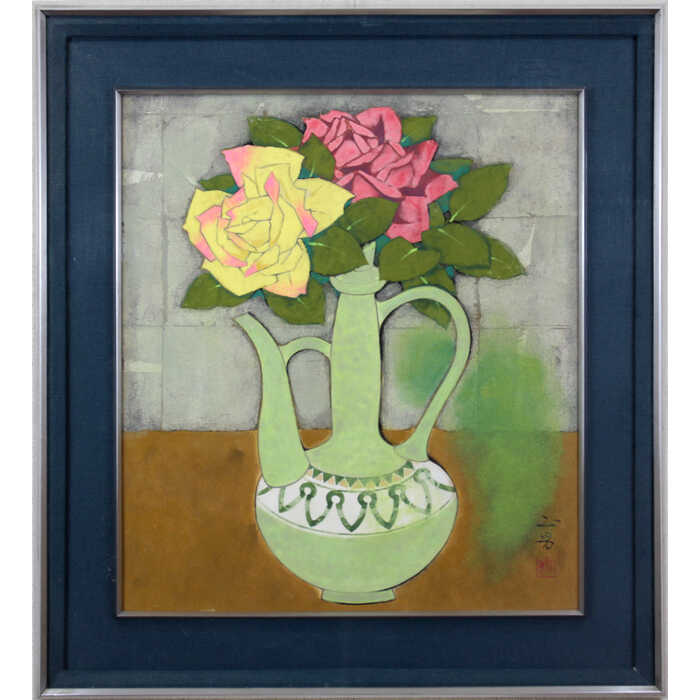 明快な作風が魅力の花鳥画奥行きをあまり感じさせない平滑な描写だが、それもあってかバラと花瓶の圧倒的な存在感が見るものを魅了する作品。技法：日本画額のサイズ：縦69cm×横63cm作品の状態：花部分に小ヒビ有関口正男（せきぐちまさお / SE...