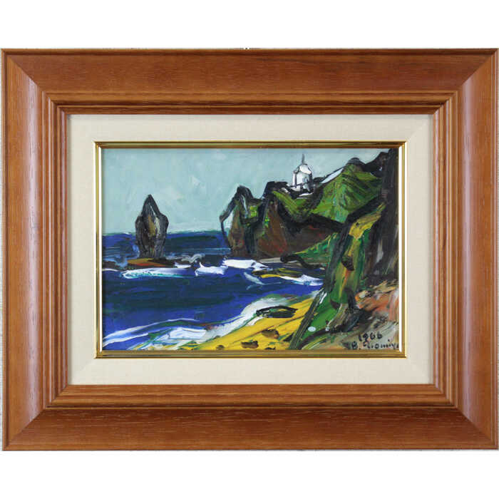 雄々しき積丹の岬1966年制作技法：油彩画作品サイズ：SM（サムホール）額のサイズ：高さ30cm×幅37cm×奥行き5.0cm作品の状態：良好ですこちらの作品は、画像と同型の新品の額縁、箱にお入れして発送いたします。新築祝い等のご贈答用とし...
