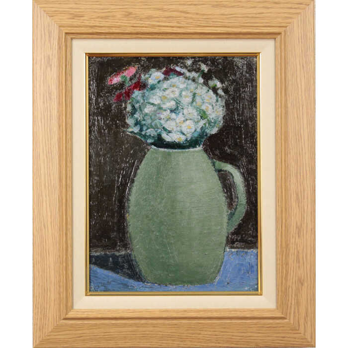 もえぎ色の大きな花瓶に活けられた白と赤の小花技法：油彩画作品サイズ：F4号額のサイズ：高さ48cm×幅39cm×奥行き5.0cm作品の状態：良好ですこちらの作品は、画像と同型の新品の額縁、箱にお入れして発送いたします。新築祝い等のご贈答用と...