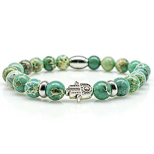 jaspis bracciale bracelet perle bracciale mano fatima argento verde 8mm in acciaio inoxジャスピスブレスレットブレスレットパールハンドブレスレットファティ...
