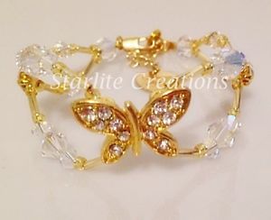clear ab crystal amp; butterfly bridal bracelet handcrafted in silver or goldクリスタルクリアバタフライブレスレットシルバーゴールド※注意※NYからの配送になります...