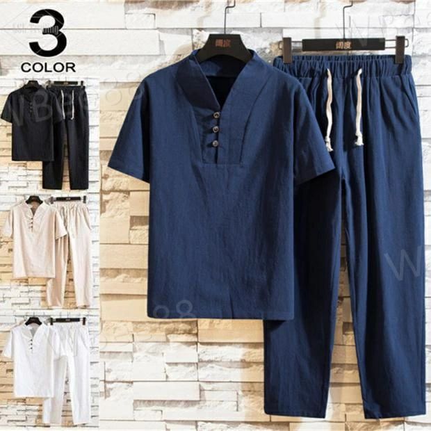 【仕様】 素材：綿混紡 サイズ:M/L/XL/2XL/3XL/4XL/5XL カラー：ブラック, ホワイト, ネイビー, ベージュ 【特徴】 盛夏に向けて通気性が良い素材を使用。 上下別で活用いただけるので、これ1着で色んなコーデを楽しめま...