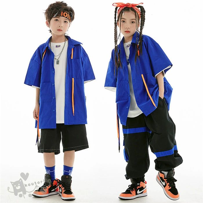 キッズダンス衣装 ヒップホップ ブルー トップス 半袖 白Tシャツ パンツ 単品orセット ガールズ 男の子 ヒップホップ 派手 K-POP 韓国 ステージ衣装 応援団 練習着 体操服 発表会 hiphop 演出服 おしゃれ 120-170...