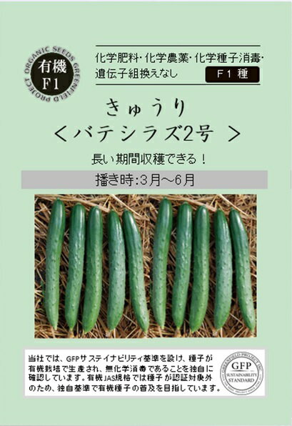 [果菜のタネ] 長期収穫でき、うどん粉病、べと病に強く、暑さにも強い。 A593 キュウリ (バテシラズ2号) 小袋 蒔き時期: 3月～6月 露地の普通まきから遅まきに適している。 長期収穫でき、うどん粉病、べと病に強く、 暑さにも強い。果...