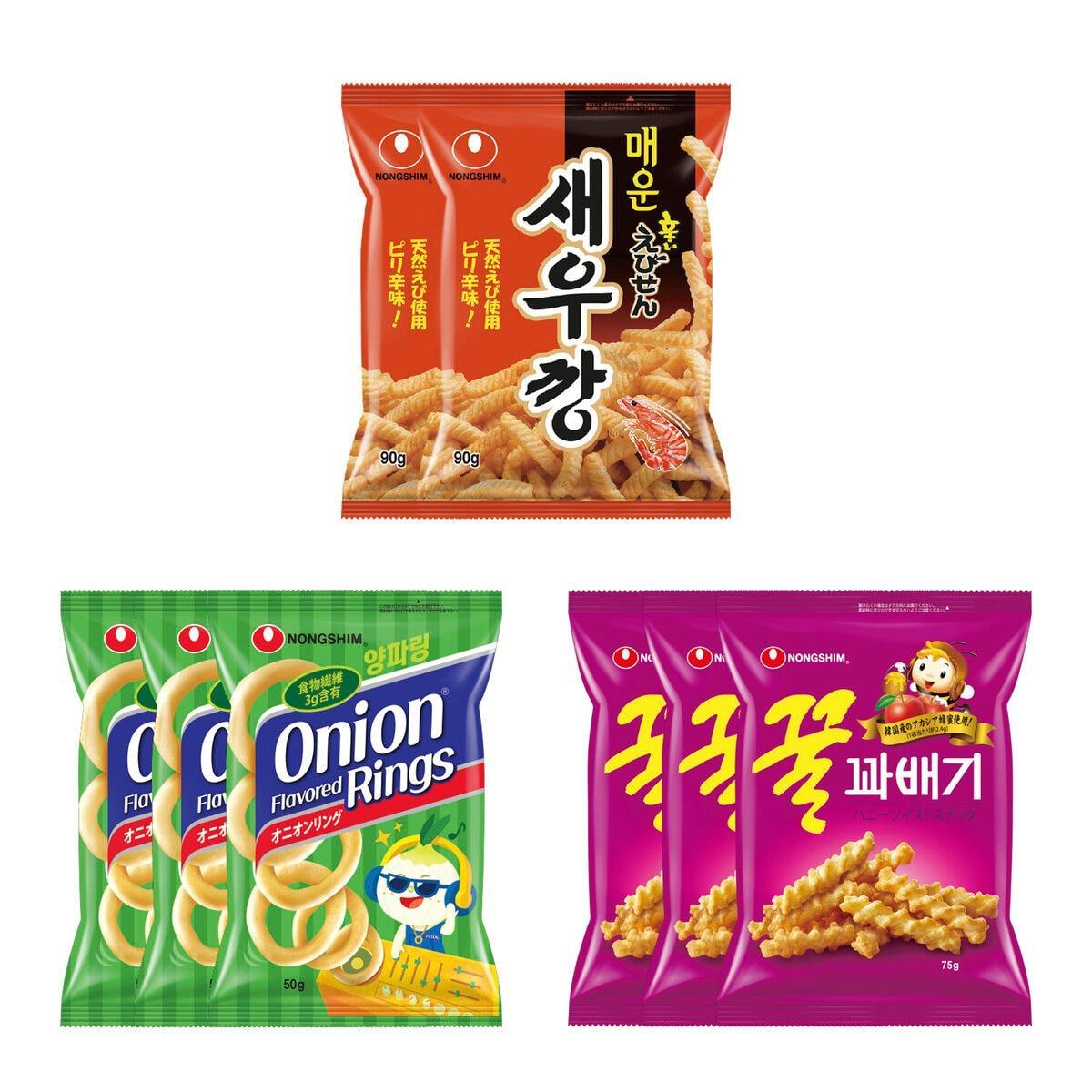 ・韓国で長年親しまれている人気のスナック菓子のアソート商品です 「辛いえびせん」・「オニオンリング」・「ハニーツイスト」の3種類の味わいが楽しめます 韓国定番のスナック菓子で韓国気分をお楽しみください