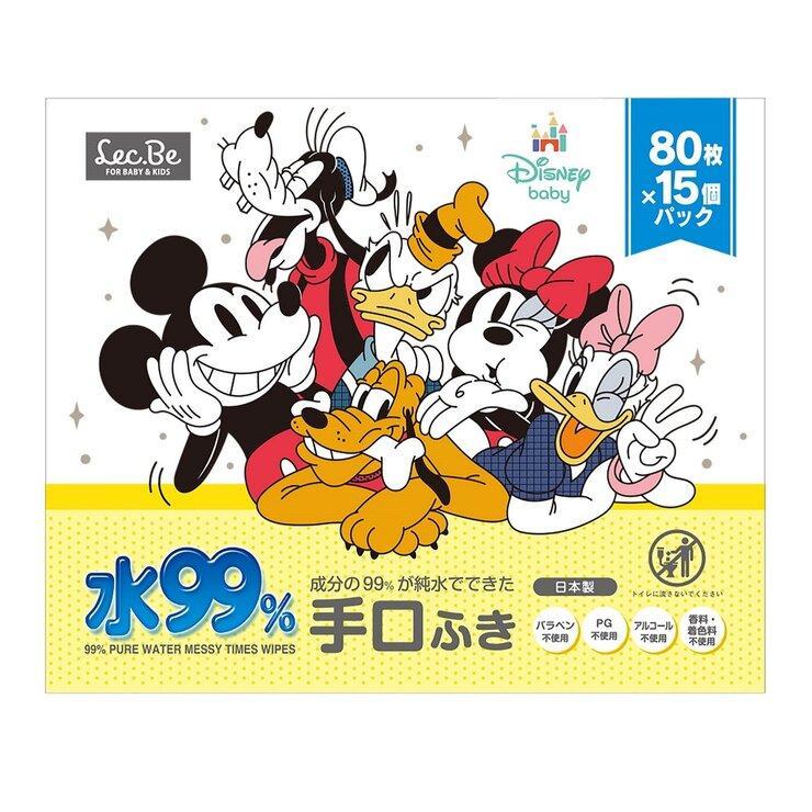 商品の特徴 ミッキー＆フレンズのディズニーパッケージ 内容量：80枚入x15個 (1200枚) シートサイズ：180 x 140mm 成分の99%が純水 限りなく水に近い手口ふき 日本製