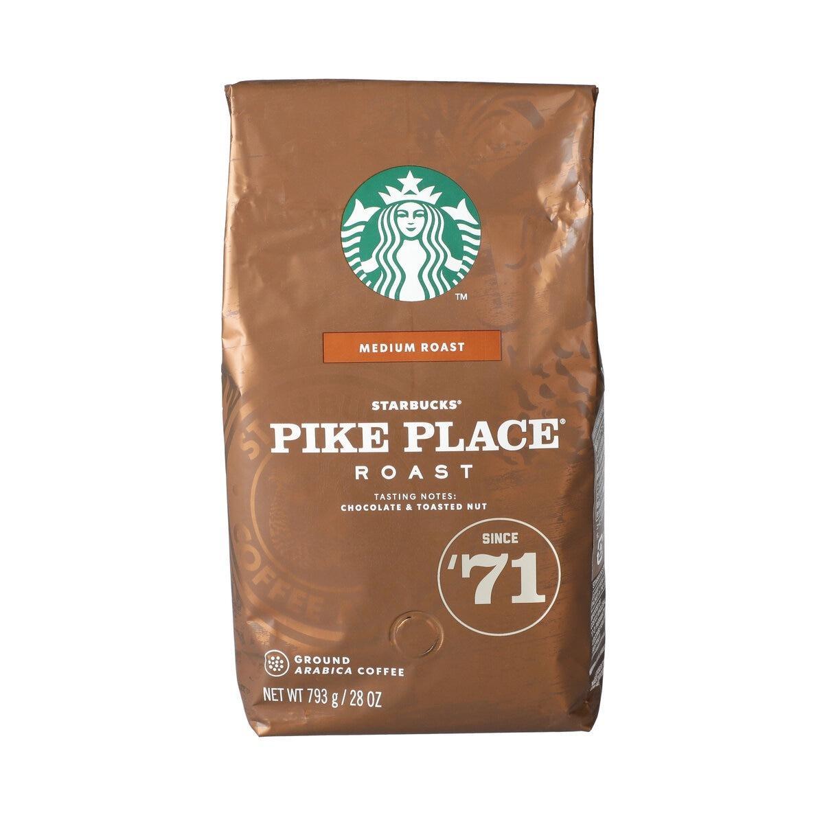 スターバックスパイクプレイスはスターバックスのシグネチャー商品の一つです。 品名：レギュラーコーヒー（粉） 原材料名：コーヒー豆（生豆生産国名:コロンビア、ブラジル） 内容量：793g 賞味期限：袋裏面に記載 保存方法：直射日光や高温多湿を...
