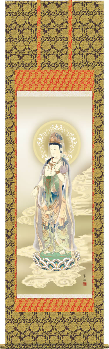 あらゆる厄難を祓いのける慈悲深い観音様後光の中に浮かぶ優しさに満ち溢れたお顔、流麗な衣の細やかな柄までも、精緻な筆致で描きあけた作者雄渾の一作です。 ●幅54.5×高さ190cm ●本紙・・・新絹本 ●軸先・・・金メッキ ●桐箱畳紙収納 ●...