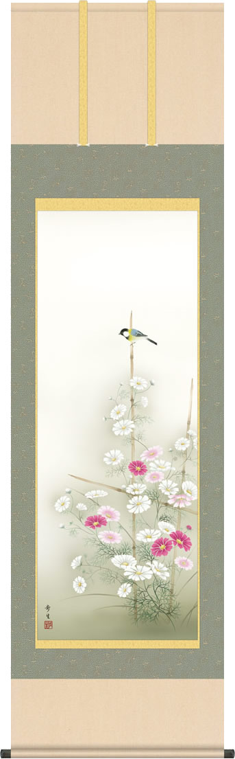 現代作家による日本画 四季折々の美しさを描いた日本の伝統美。年中掛けから、春夏秋冬を代表する画題まで、あらゆるジャンルの花鳥画をご紹介いたします。 ●幅54.5×高さ約190cm（掛軸寸法） ●本紙・・・新絹本 ●軸先・・・陶器 ●桐箱畳紙...