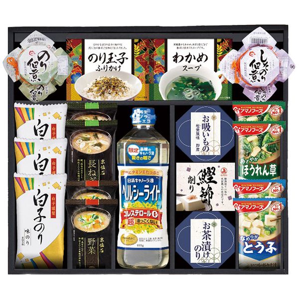 ポイント健康と美味しさを詰合せた贈りものにぴったりな和風ギフトです。海苔、お味噌汁などが食卓で色々楽しめます。※写真はイメージです。内容・デザイン等変更になる場合があります。予めご了承ください。箱サイズ40×7×35cm現品サイズ・内容白子...