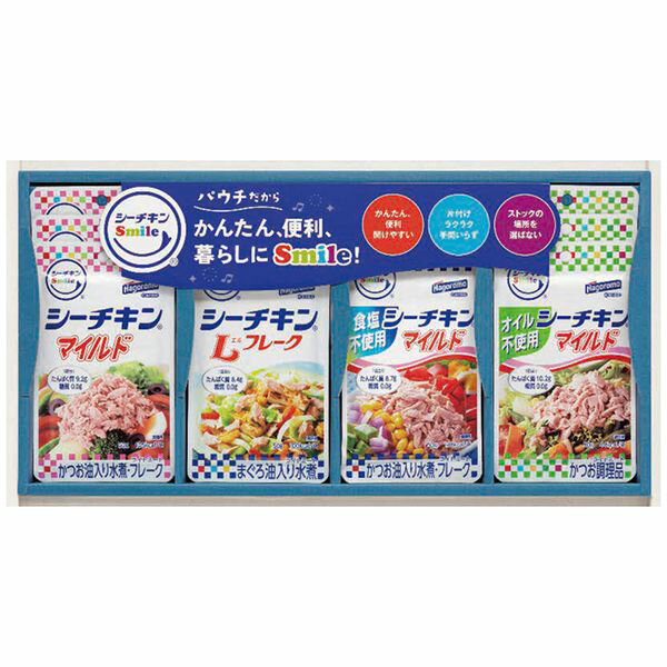 ポイント便利で使いやすいパウチ(袋タイプ)のシーチキンSmileの詰合せギフトです。※写真はイメージです。内容・デザイン等変更になる場合があります。予めご了承ください。箱サイズ42.2×4.6×21.7cm現品サイズ・内容シーチキンSmil...