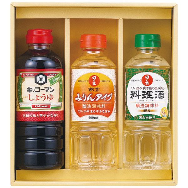 ポイント出番の多い調味料のセット。※写真はイメージです。内容・デザイン等変更になる場合があります。予めご了承ください。箱サイズ23×7.5×25.5cm現品サイズ・内容キッコーマンこいくちしょうゆ500ml・日の出料理酒・日の出割烹みりんタ...