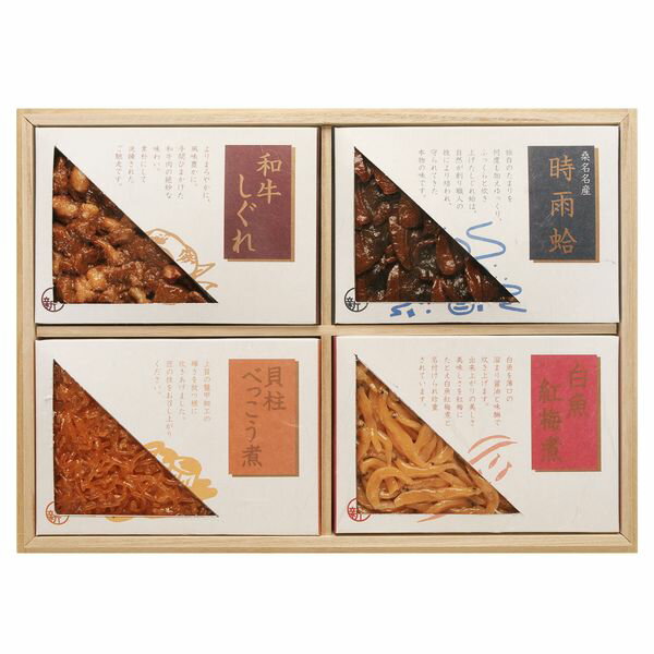 ポイント昔ながらのつくりかたの時雨蛤と、和牛しぐれなど、4種の違った味の詰合せ。※写真はイメージです。内容・デザイン等変更になる場合があります。予めご了承ください。箱サイズ28.2×39×3.5cm現品サイズ・内容時雨蛤119g、和牛しぐれ...
