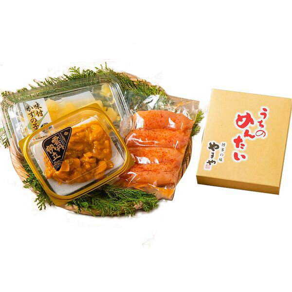 ポイント”小川ウニ・やまや”など人気商品がセットになりました！うにの身を使った本格的な魚醤「うに魚醤」を使用したうにほたてや、福岡でもトップクラスの品質の「やまや」の明太子、また醤油味の味付け数の子をセットにしました。※写真はイメージです。...
